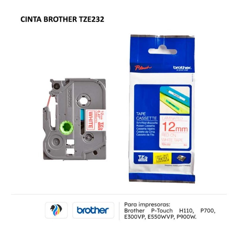 Cinta Brother TZE232 Rojo Sobre Blanco • Nuevo